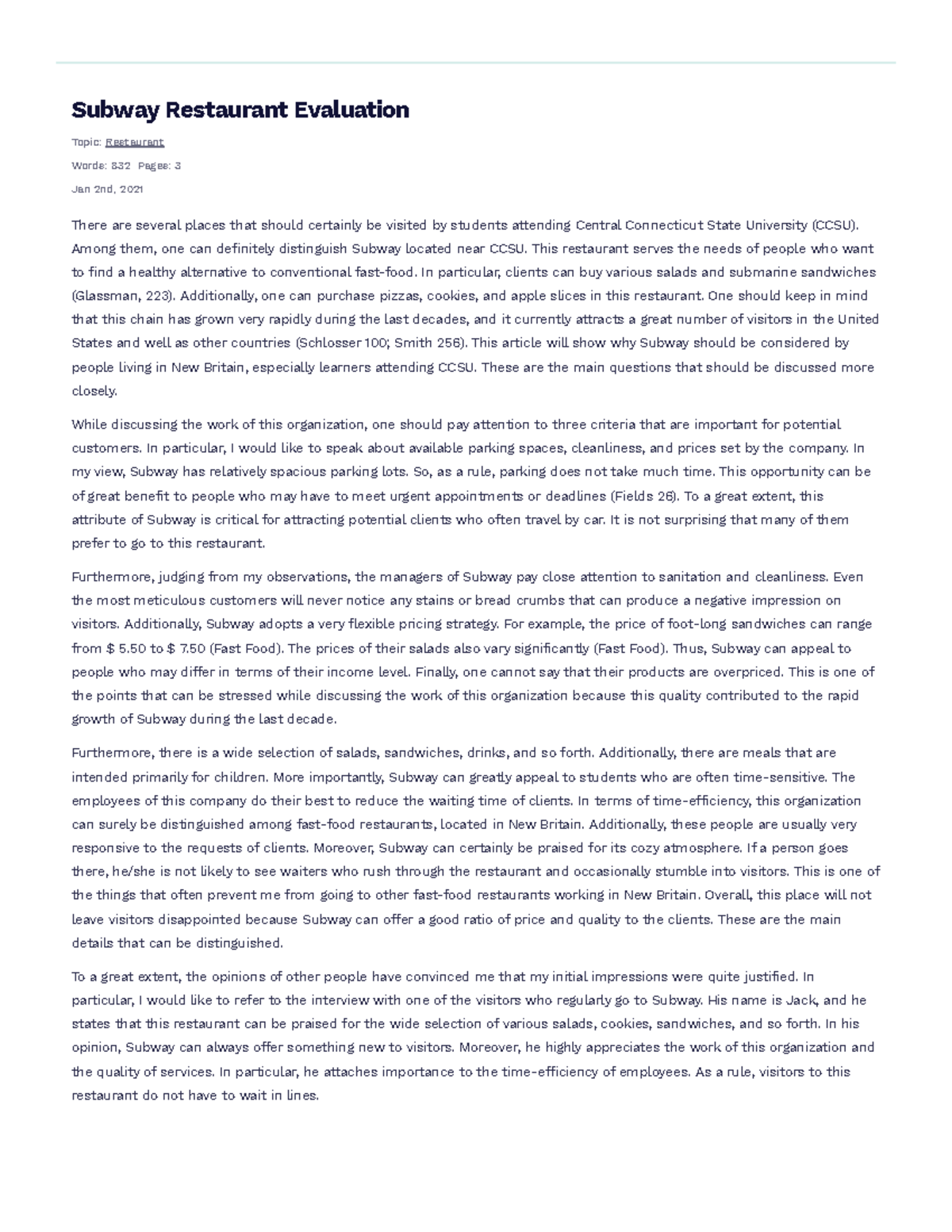 Subway Restaurant Evaluation Free Essay Example - Subway Restaurant ...