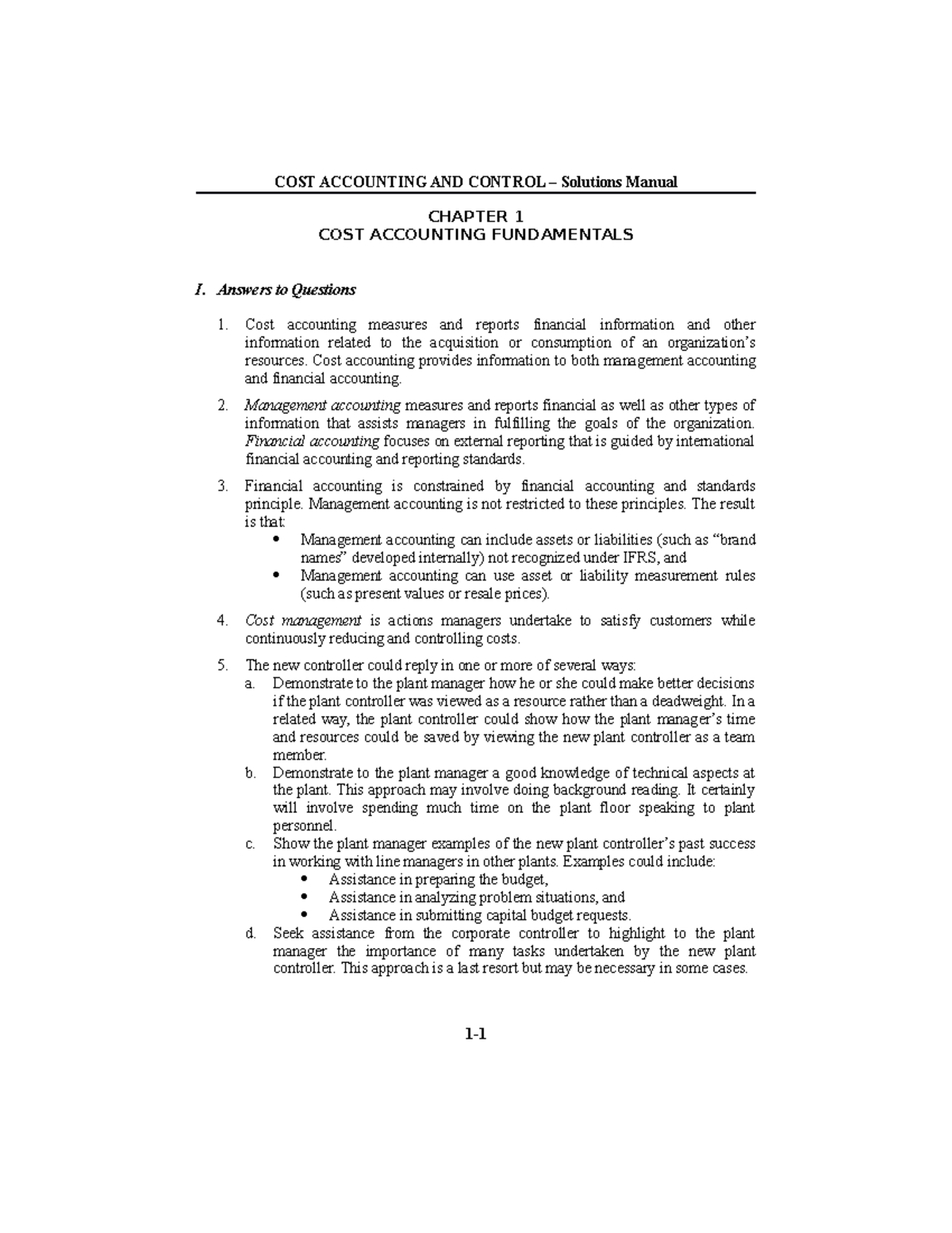 Chapter 1 - Answer - Cost Accounting - COST ACCOUNTING AND CONTROL – Solutions Manual CHAPTER 1 ...