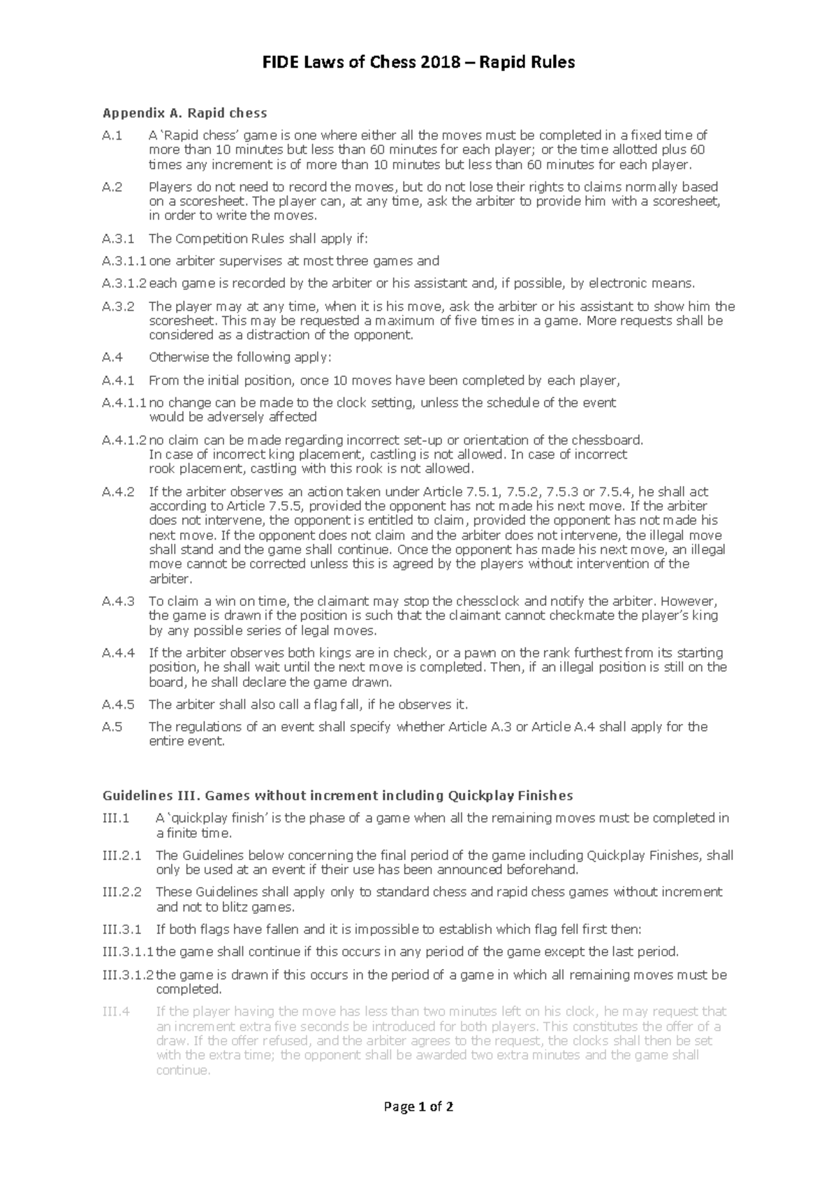 Rapid Rules - FIDE Laws of Chess 2018 – Rapid Rules Page 1 of 2 ...