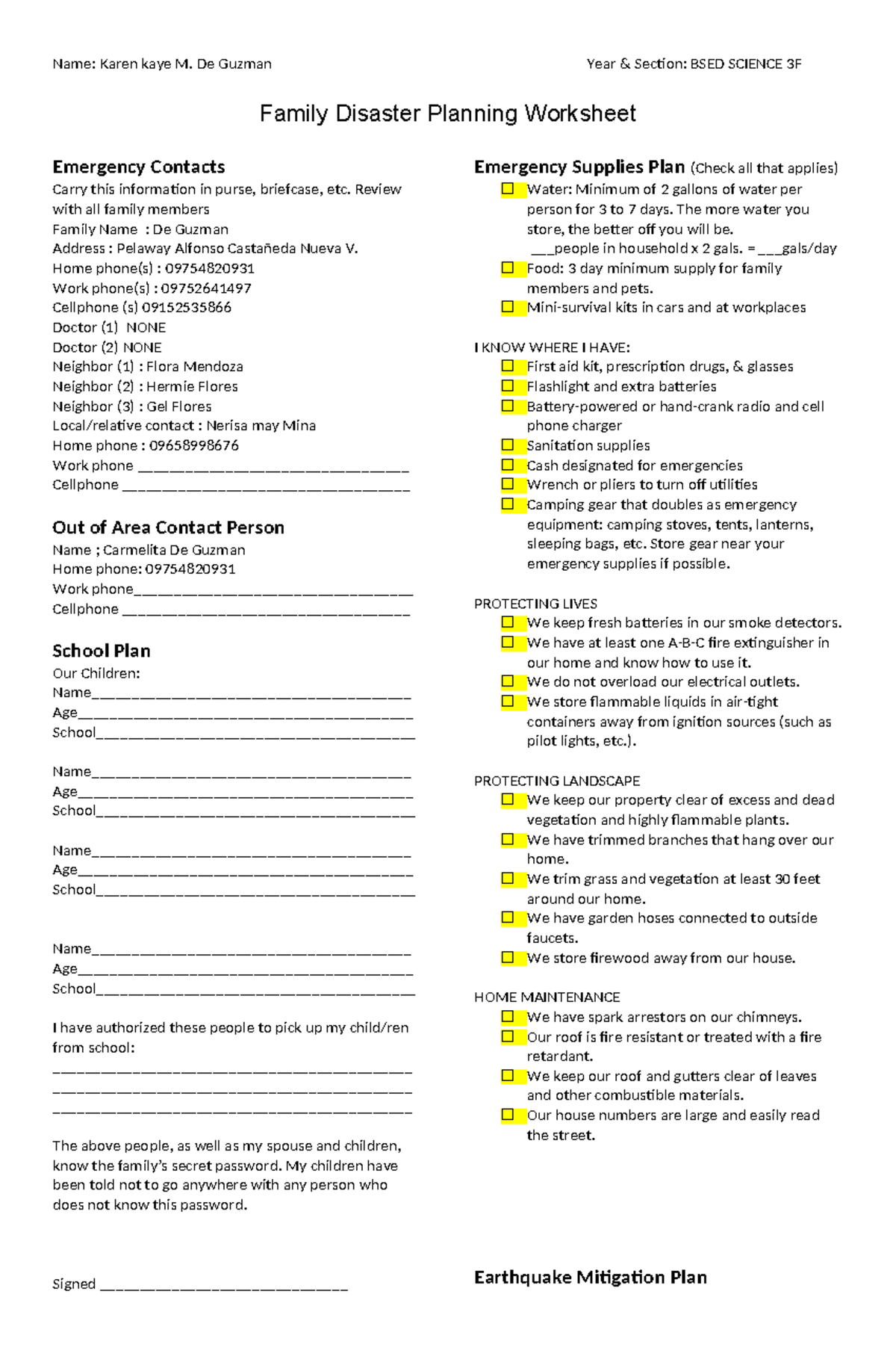 Family Disaster Planning Worksheet - Name: Karen kaye M. De Guzman Year ...