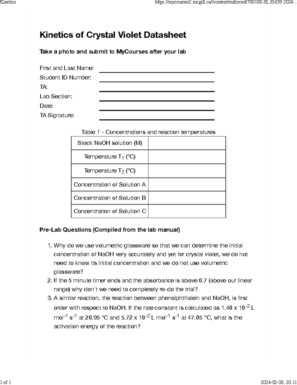 Kinetics lab datasheet - Kinetics of Crystal Violet Datasheet Take a ...