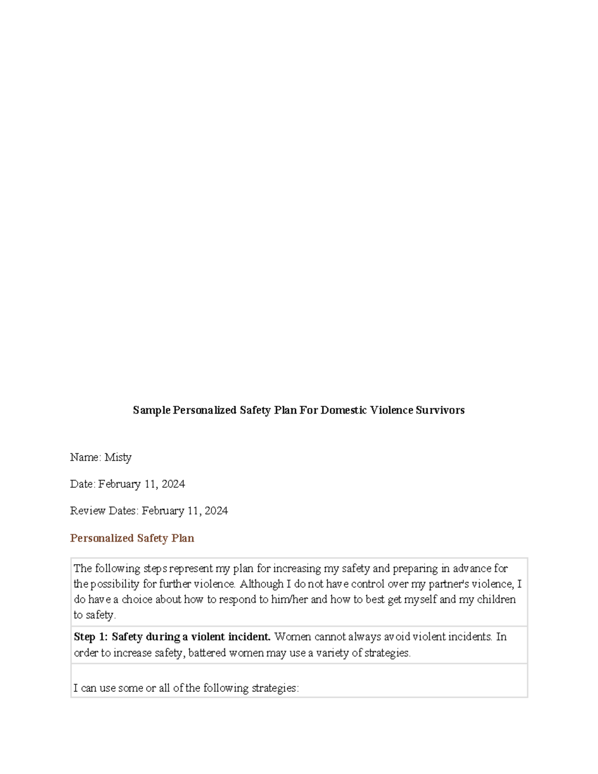 Safety Planning BHS440 2024 - Sample Personalized Safety Plan For ...