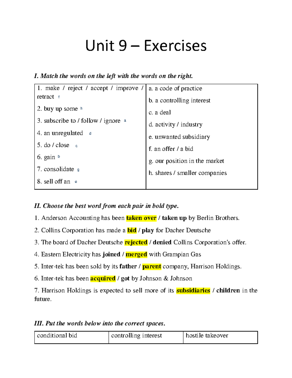 Unit 9 - Exercises to sts - Unit 9 – Exercises I. Match the words on ...