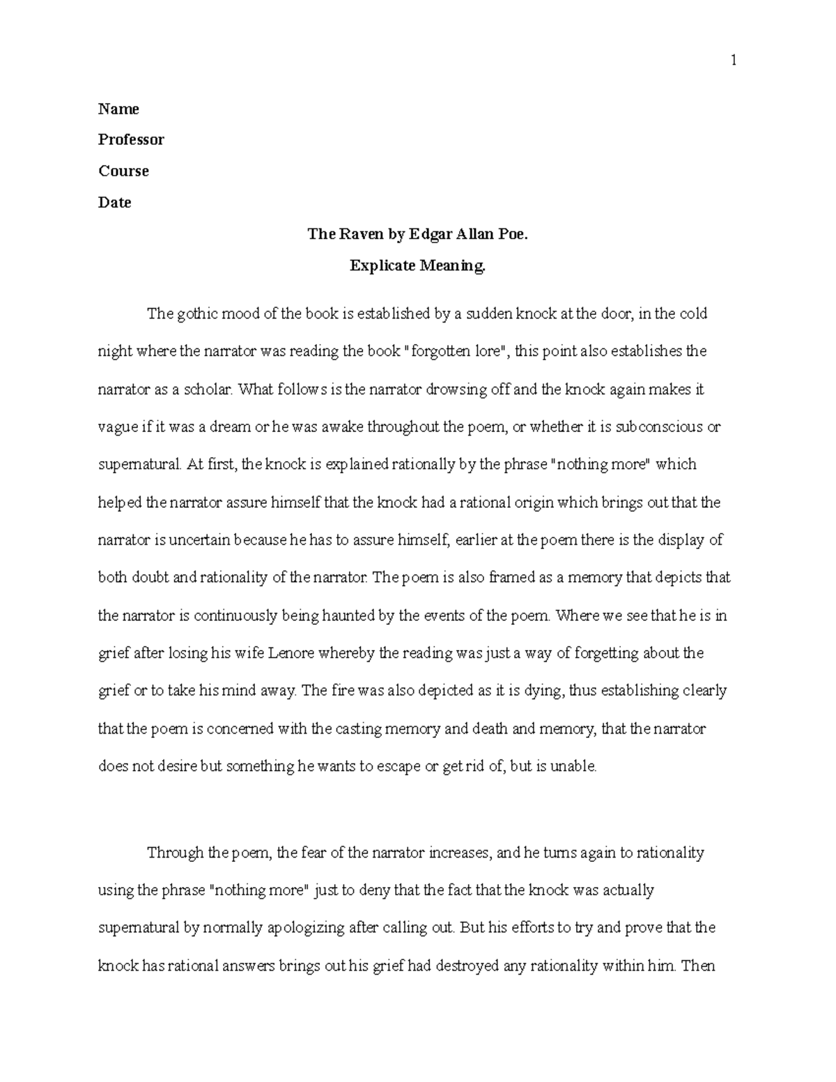 The Raven by Edgar Allan Poe (Explicate Meaning) - Name Professor ...