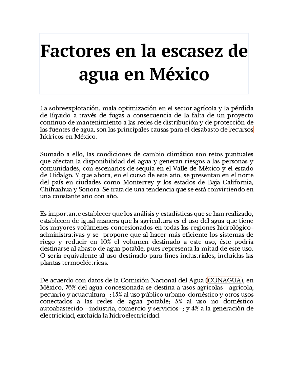 Factores en la escasez de agua en México - Factores en la escasez de ...