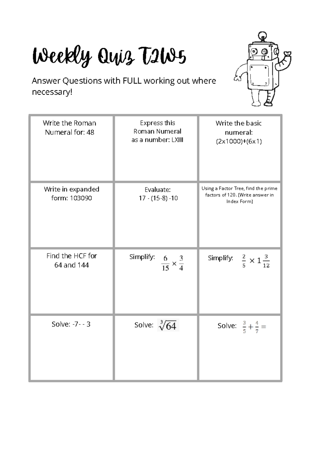 Multiplying Binomials Math Worksheet - Weekly Quiz T2W Answer Questions ...