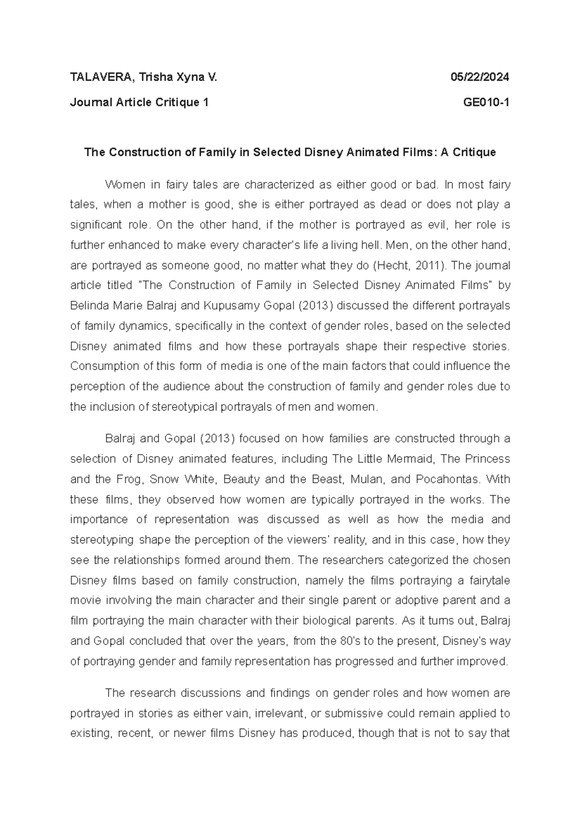 Talavera Journal Article Critique 1 - TALAVERA, Trisha Xyna V. 05/22 ...
