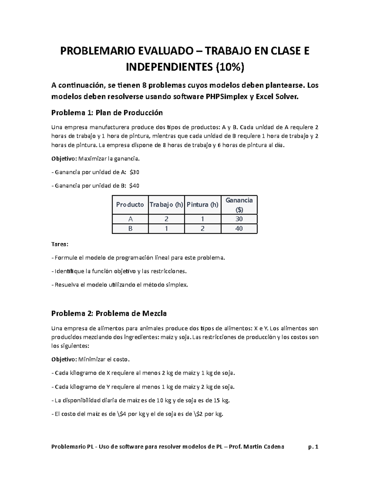 8 Modelos PL - Solucionar con Software - Actividad Evaluada - PROBLEMARIO EVALUADO – TRABAJO EN ...
