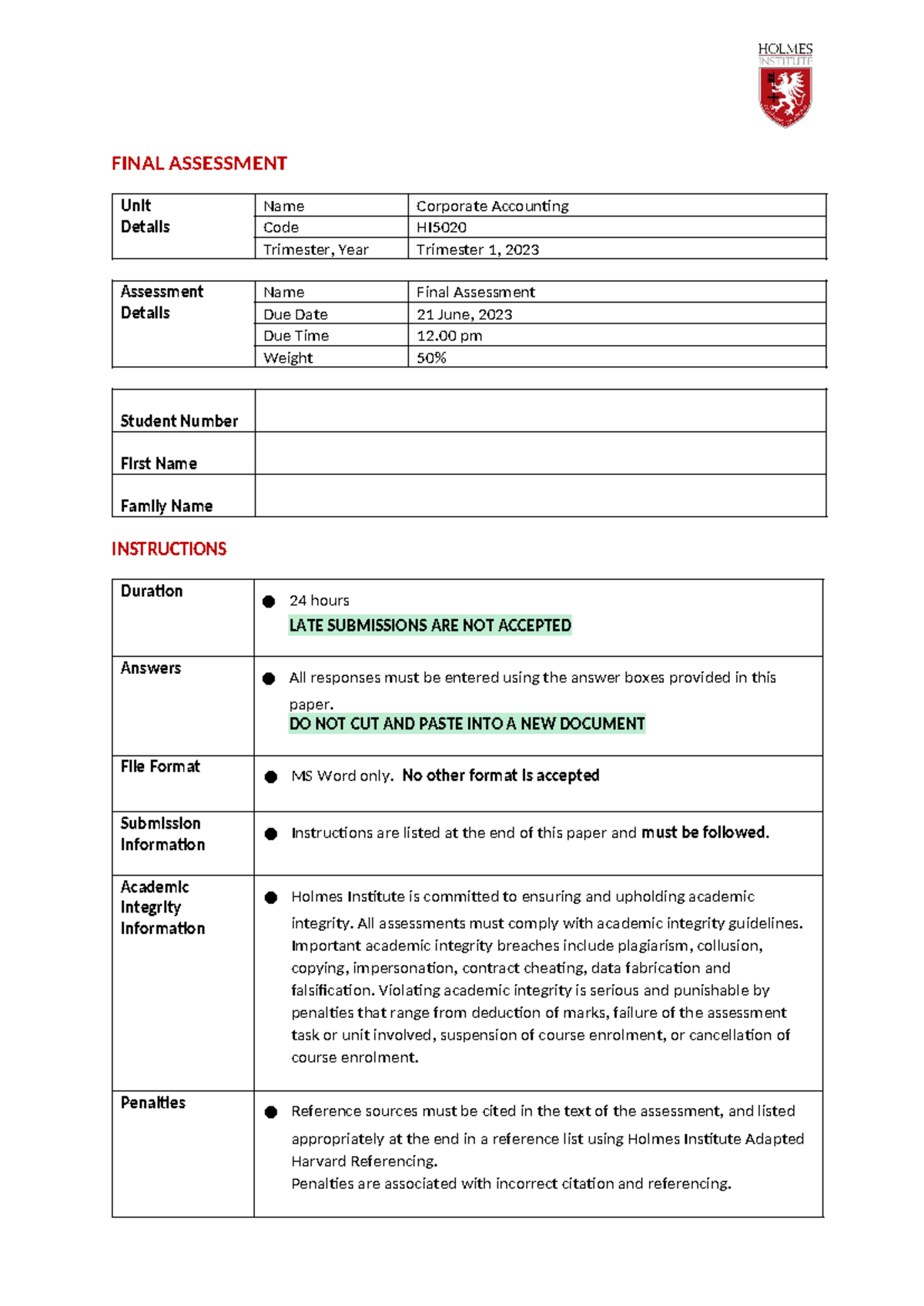 HI5020 Final Assessment T1 2023 - FINAL ASSESSMENT Unit Details Name ...