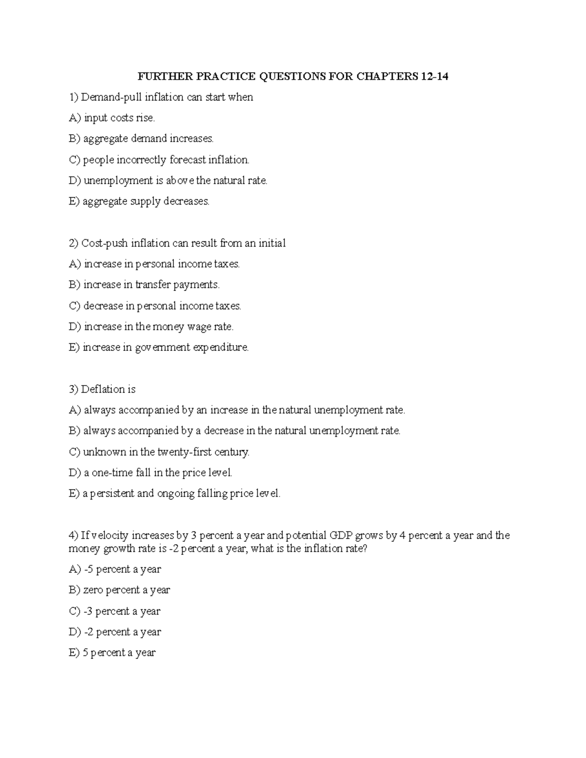 Econ Chapter 12-14 Questions - FURTHER PRACTICE QUESTIONS FOR CHAPTERS ...