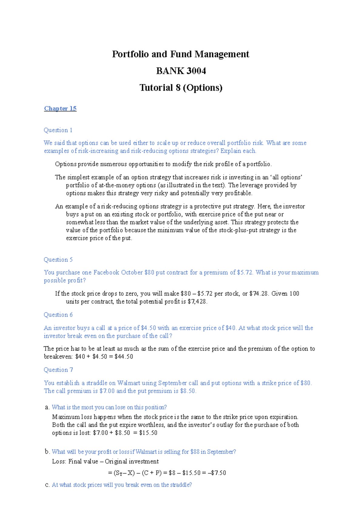 Week 8 - Portfolio and Fund Management Week 8 Tutorial Questions and ...