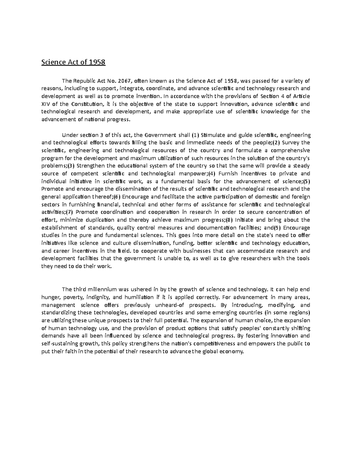 Science Act of 1958 - an expository essay describing a chosen policy ...