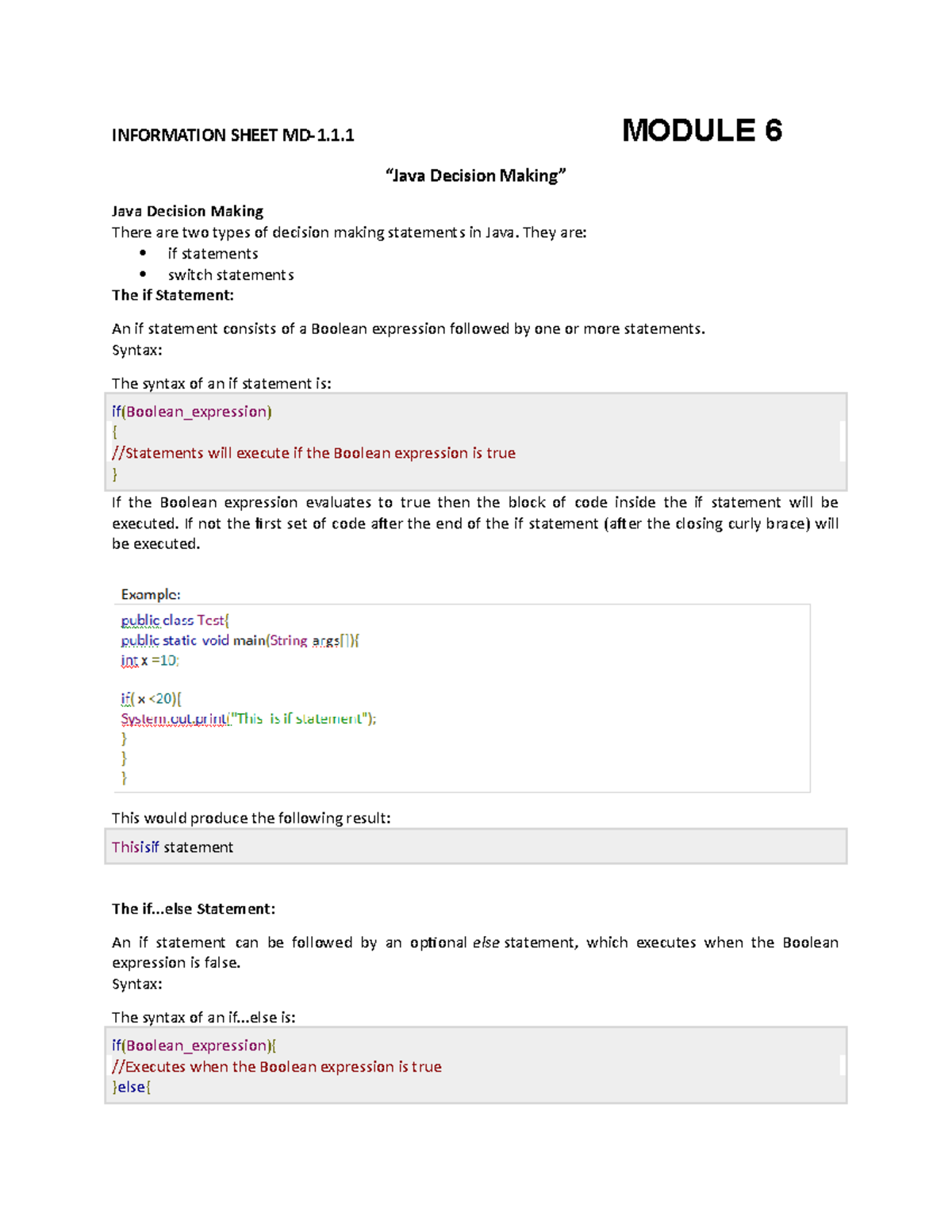 CC103 Midterm - Academic - INFORMATION SHEET MD-1.1 MODULE 6 “Java Decision Making” Java ...