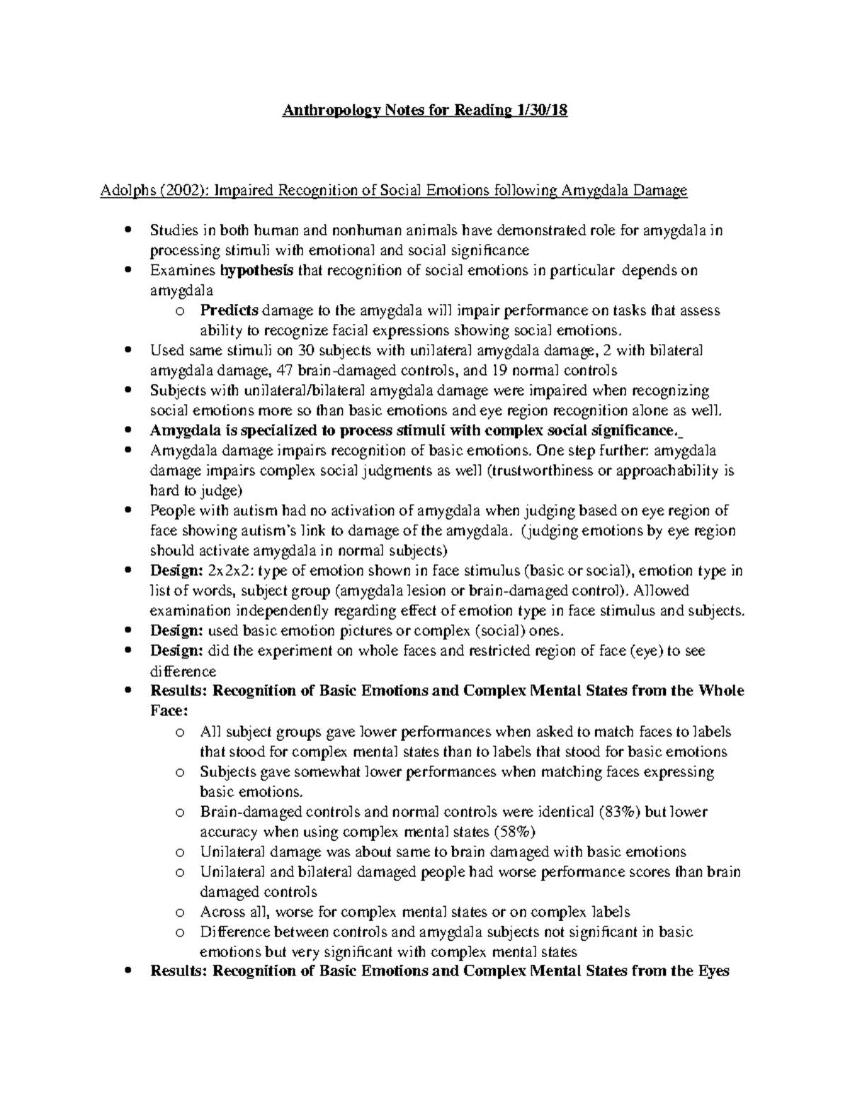 Anthropology Notes for 1 30 18 - Anthropology Notes for Reading 1/30 ...