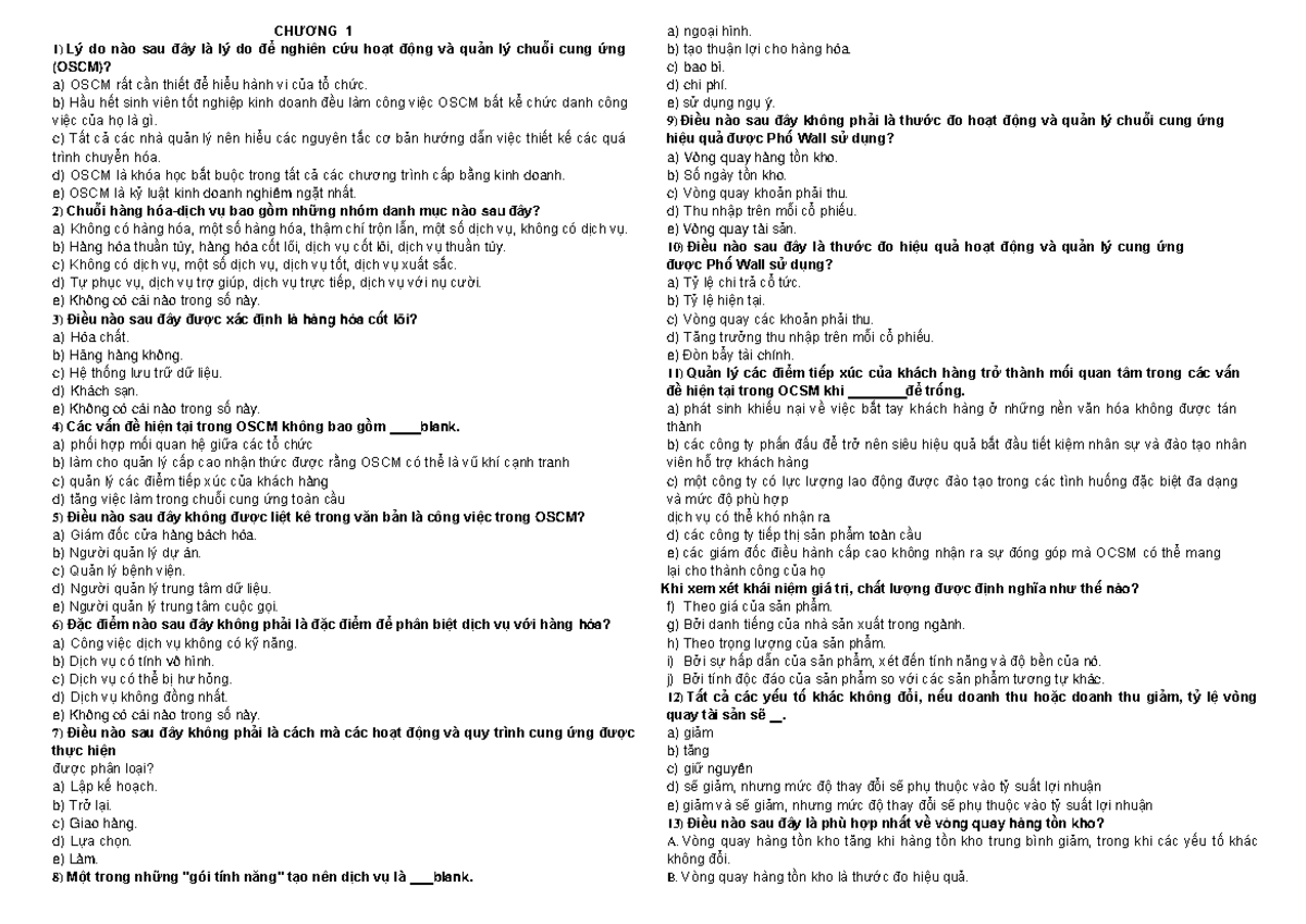 TRẮC NGHIỆM OSCM 2 - CHƯƠNG 1 Lý do nào sau đây là lý do để nghiên cứu hoạt động và quản lý ...