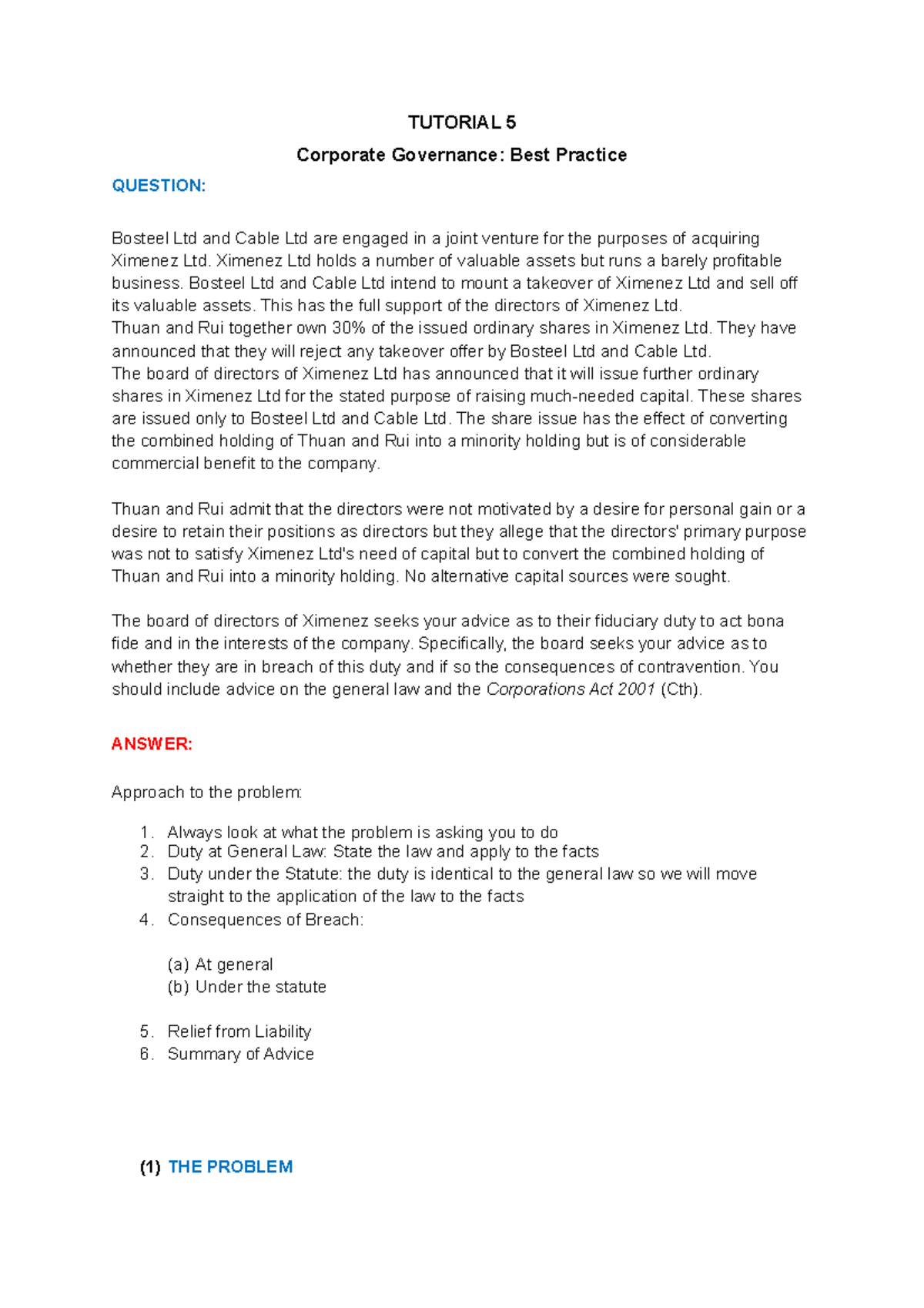 Tutorial 5 - TUTORIAL 5 Corporate Governance: Best Practice QUESTION: Bosteel Ltd and Cable Ltd ...