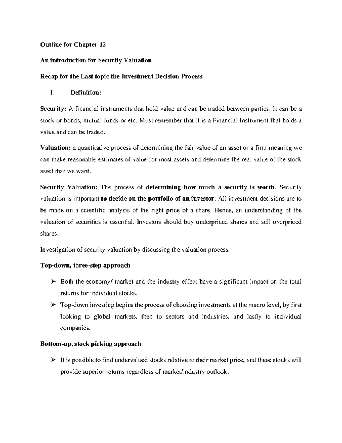 AN Introduction TO Security Valuation - Outline for Chapter 12 An ...