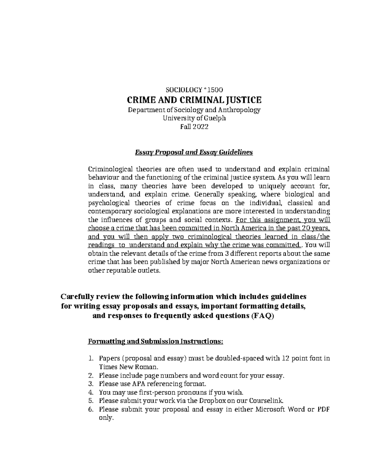 Soc 1500 essay and proposal guidelines f22 - SOCIOLOGY * CRIME AND ...