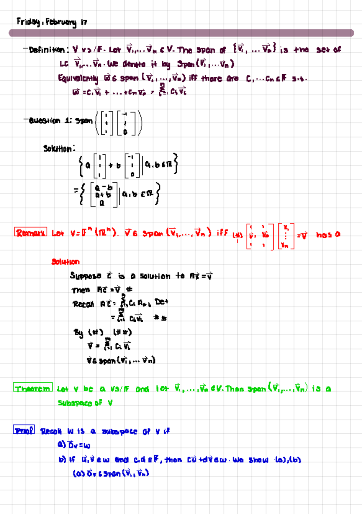 Span Linear Independence And Dependence Friday February 1 Definition Vvs F Let V V The