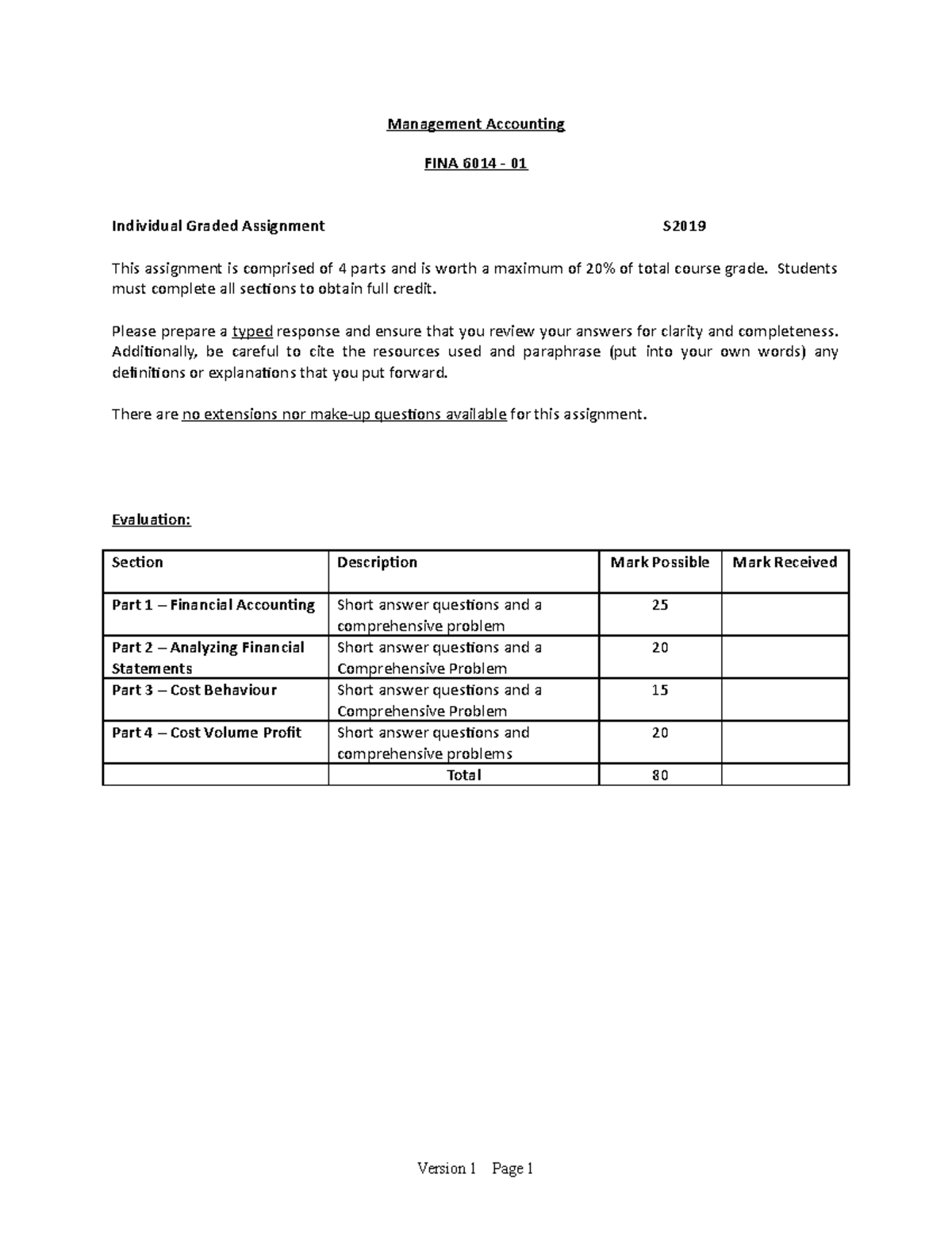 FINA6014-01 Individual Graded Assignment S2019 - Management Accounting ...