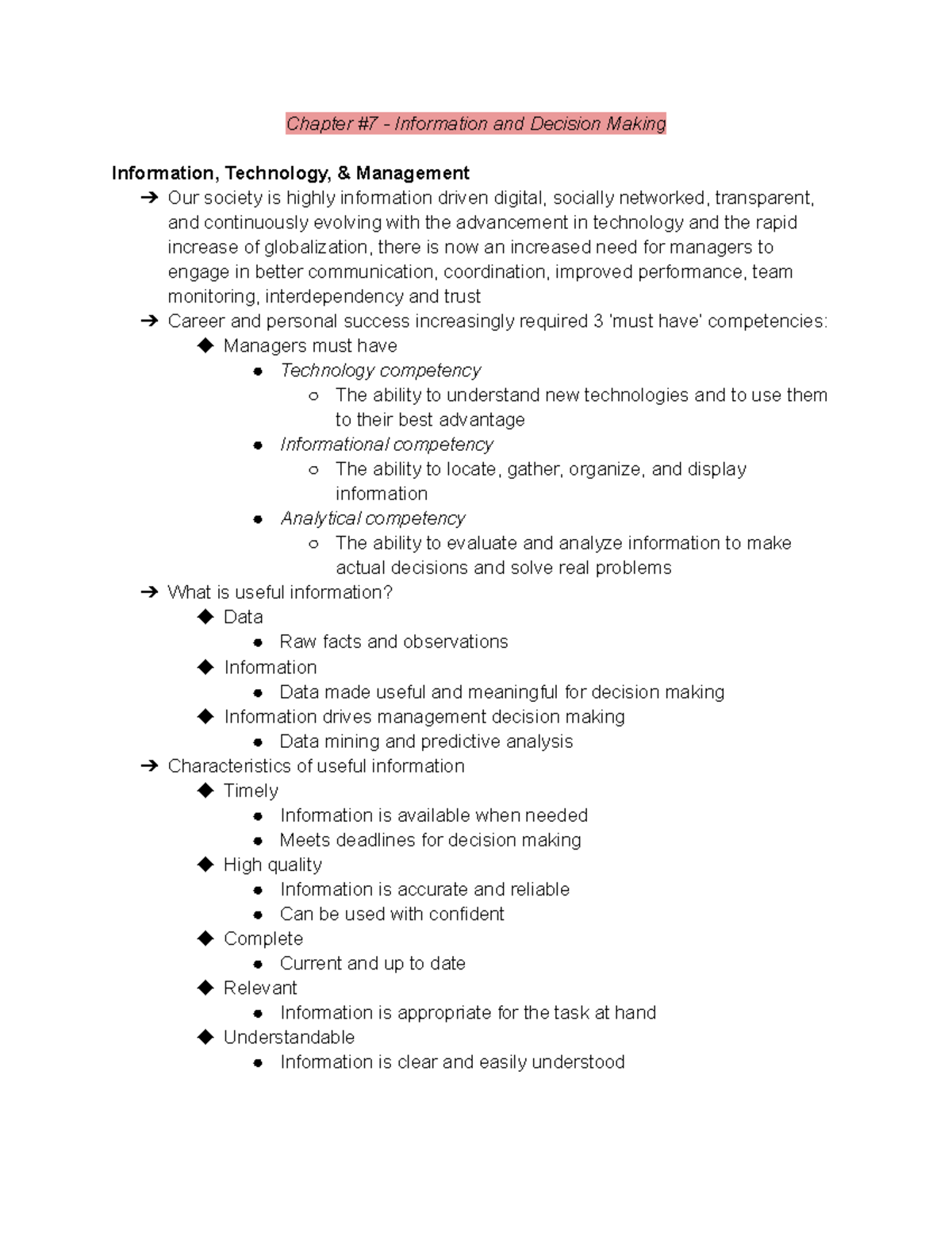 WEEK #2 CH #7 Lecture Slides - Chapter #7 - Information and Decision Making Information ...