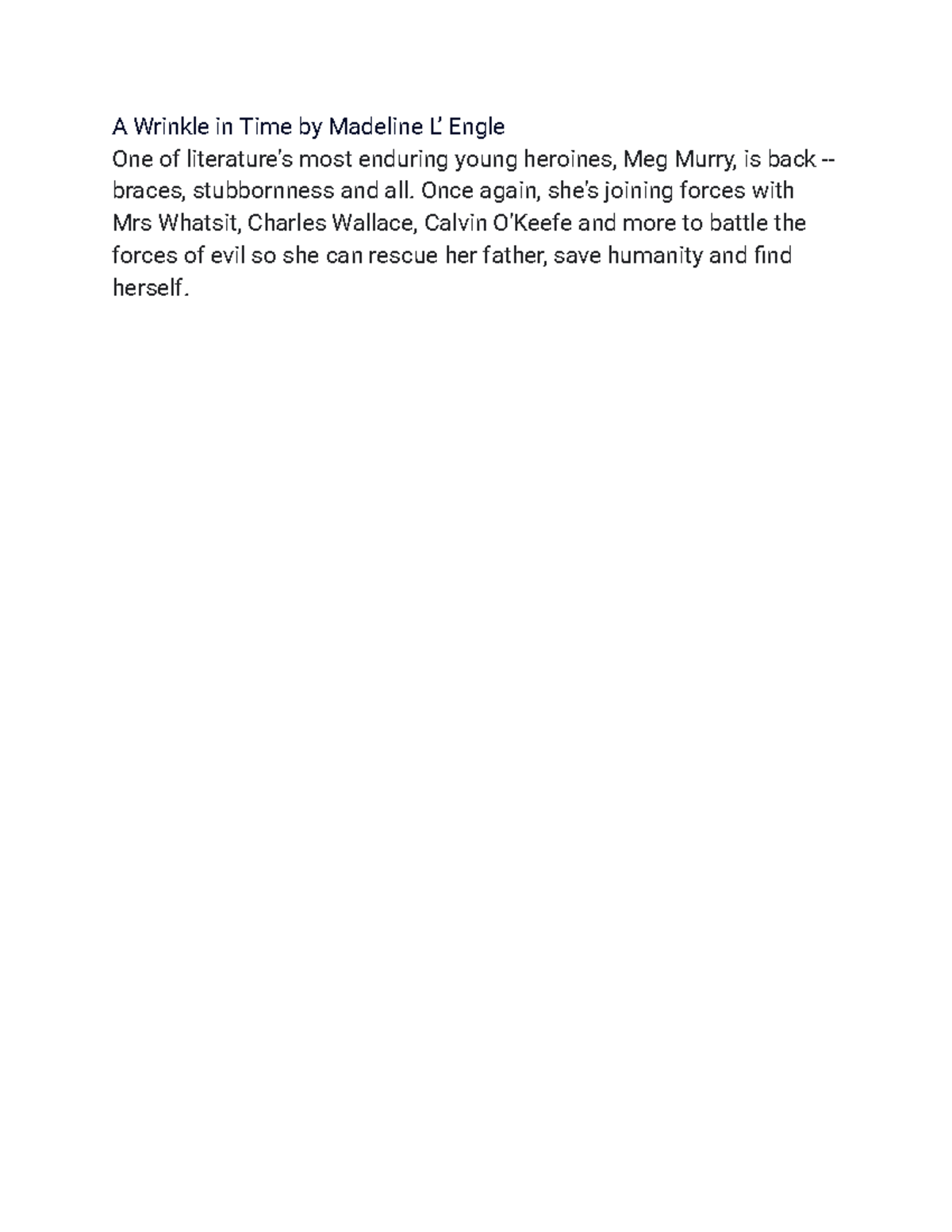 Play Summary - Google Docs - A Wrinkle in Time by Madeline L’ Engle One ...