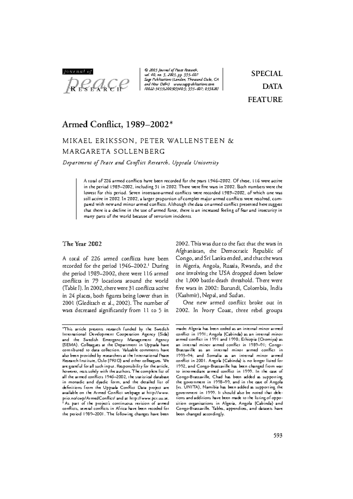 Eriksson et al 2003 armed conflict 1989 2002 - 593 The Year 2002 A ...