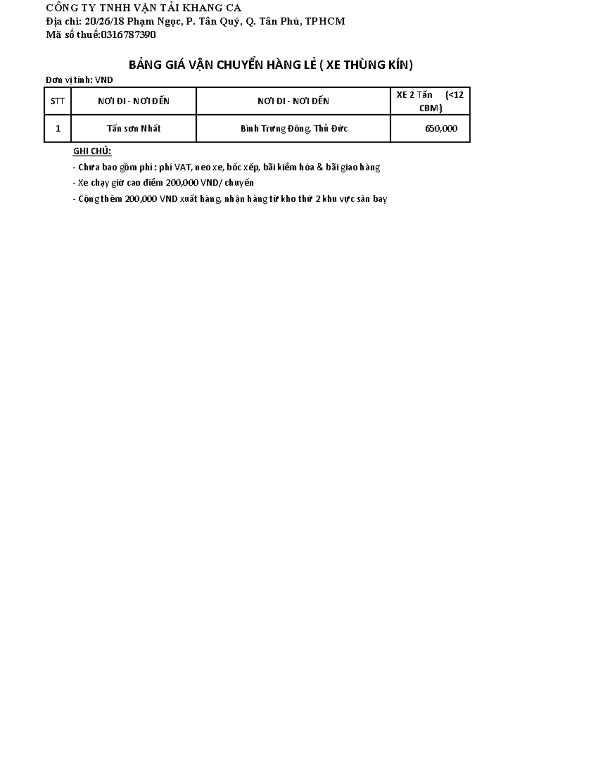XAC NHAN GIA TAN SON NHAT- THU DUC - Mã số thuế: Đơn vị tính: VND STT ...