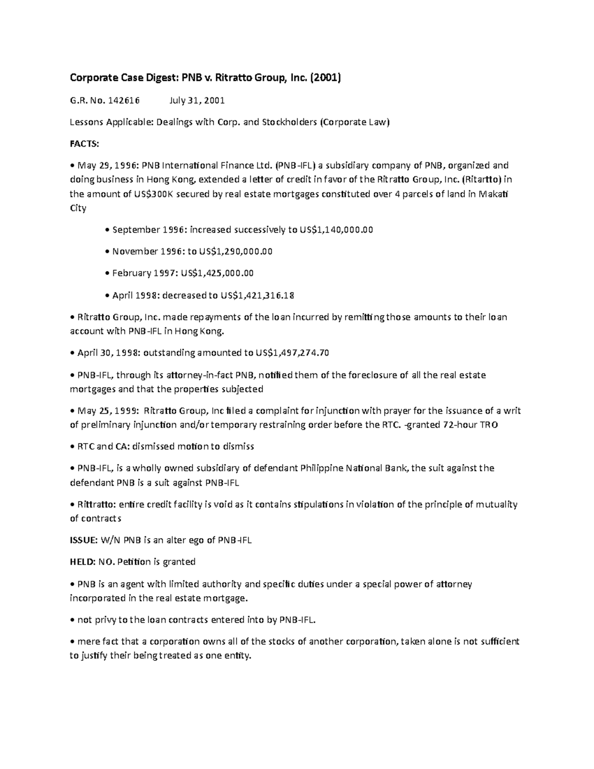 Corporate Case Digest - Ritratto Group, Inc. (2001) G. No. 142616 July ...
