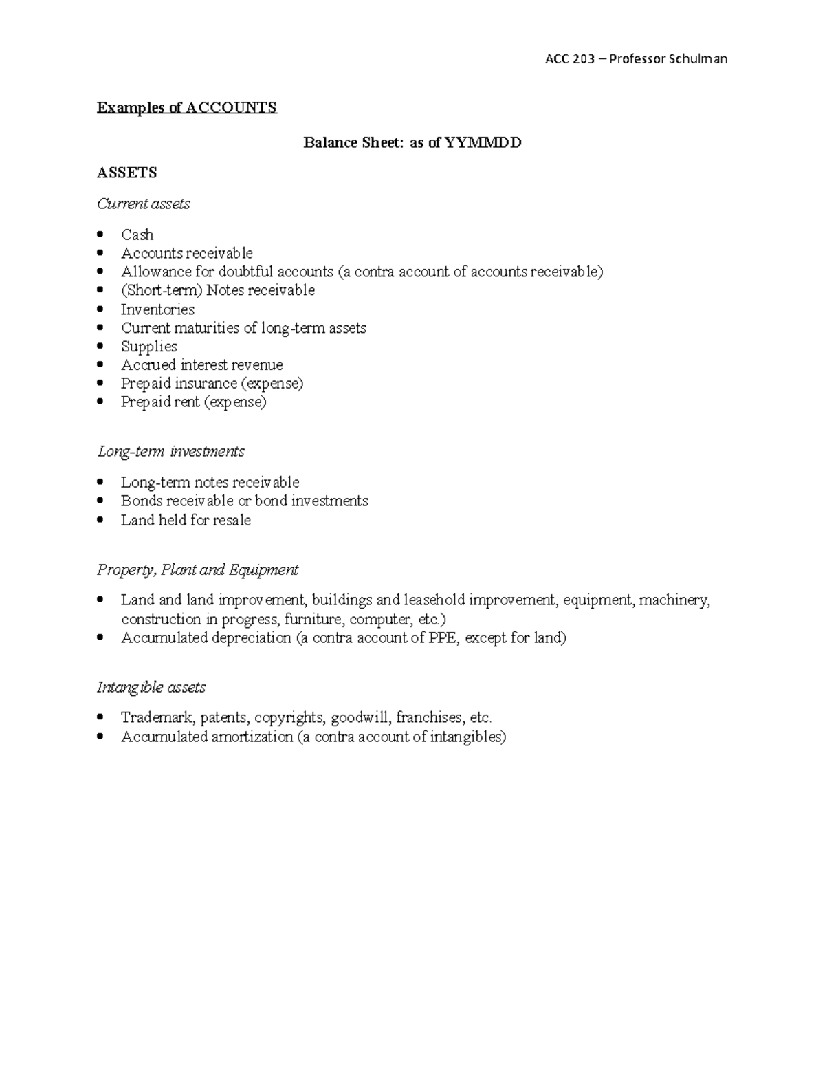 Examples of Accounts - ACC 203 Professor Schulman Examples of ACCOUNTS ...