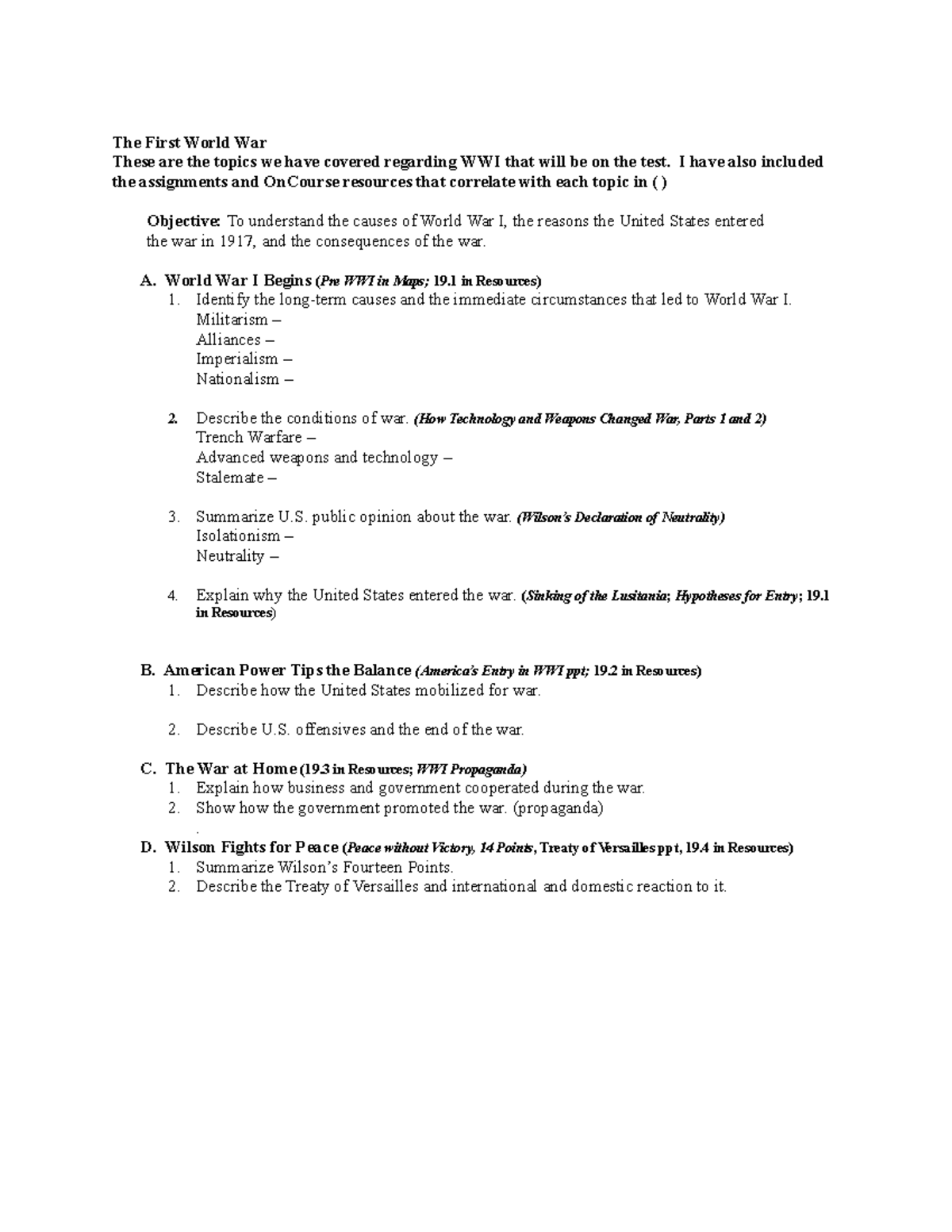 WWI Outline Study Guide about the war - The First World War These are ...
