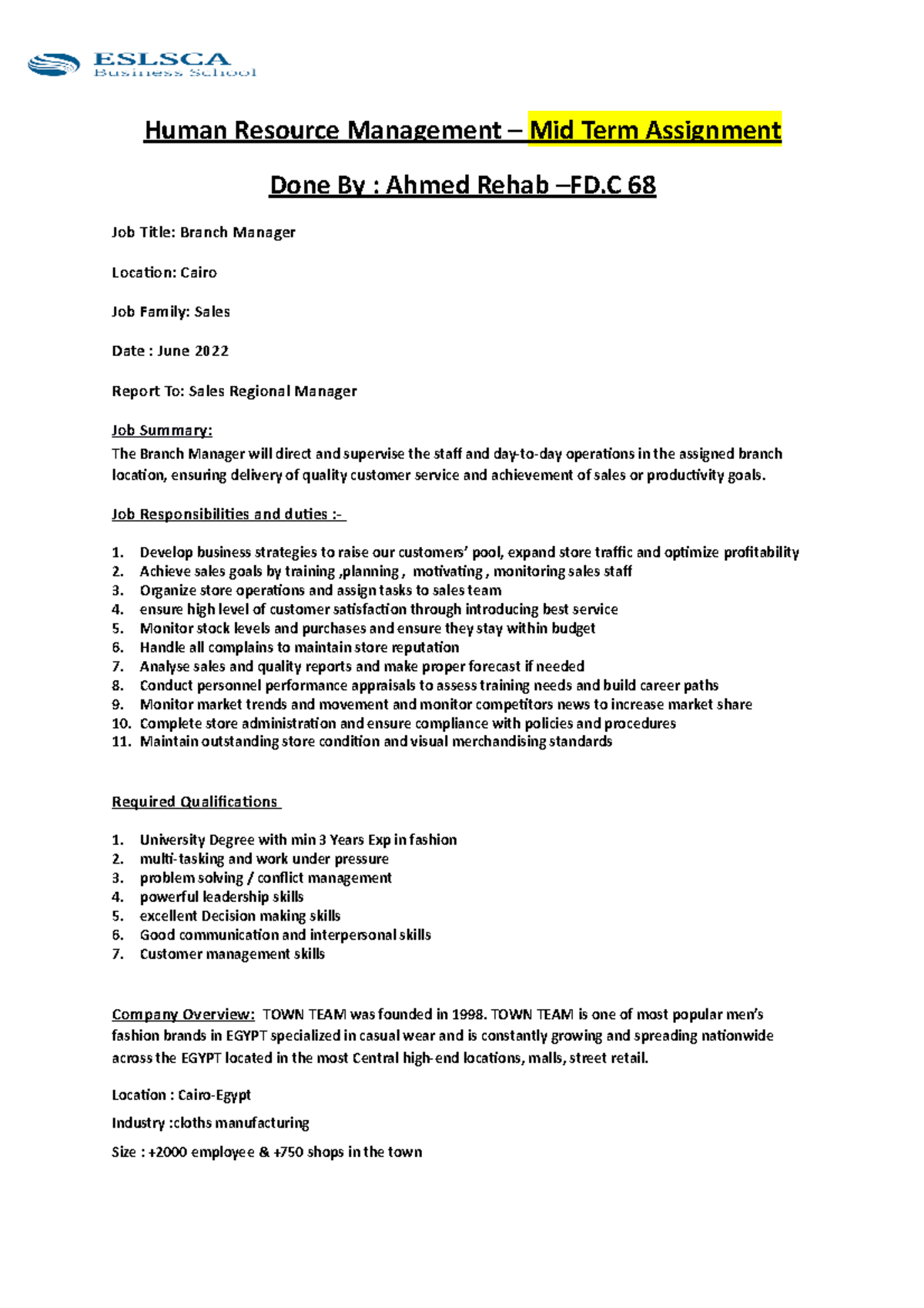 Ahmed Rehab - HR Midterm Assignment - Human Resource Management – Mid ...