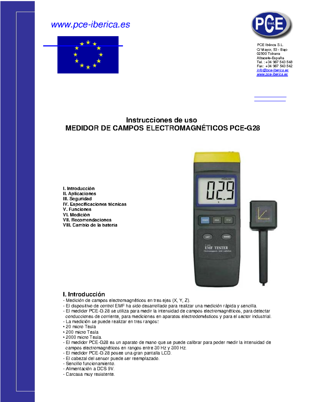Manual medidor campos electromagneticos emf 828 - pce-iberica Instrucciones de uso MEDIDOR DE ...