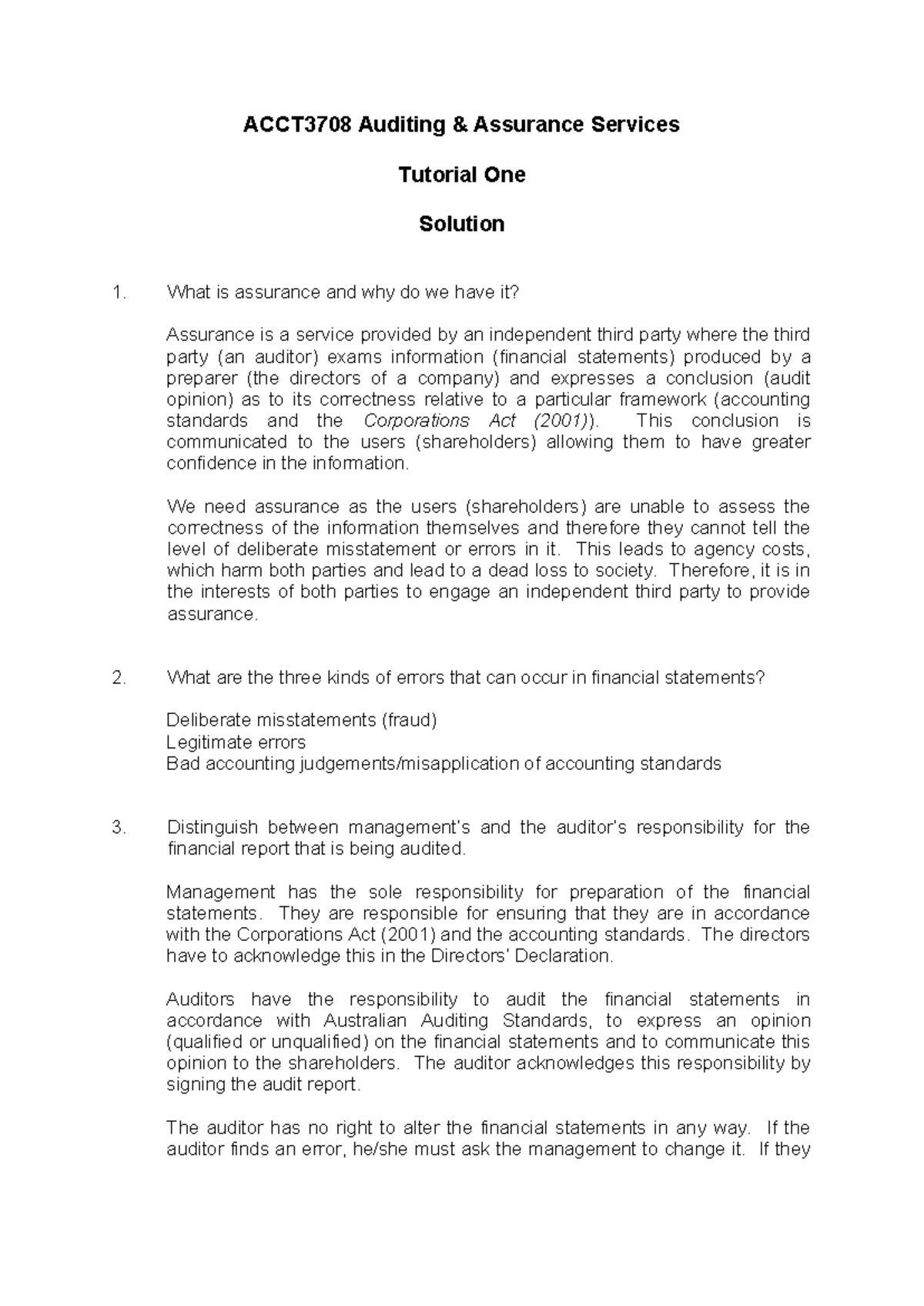Tutorial Questions Week 1 ( Solution) - ACCT3708 Auditing & Assurance Services Tutorial One ...