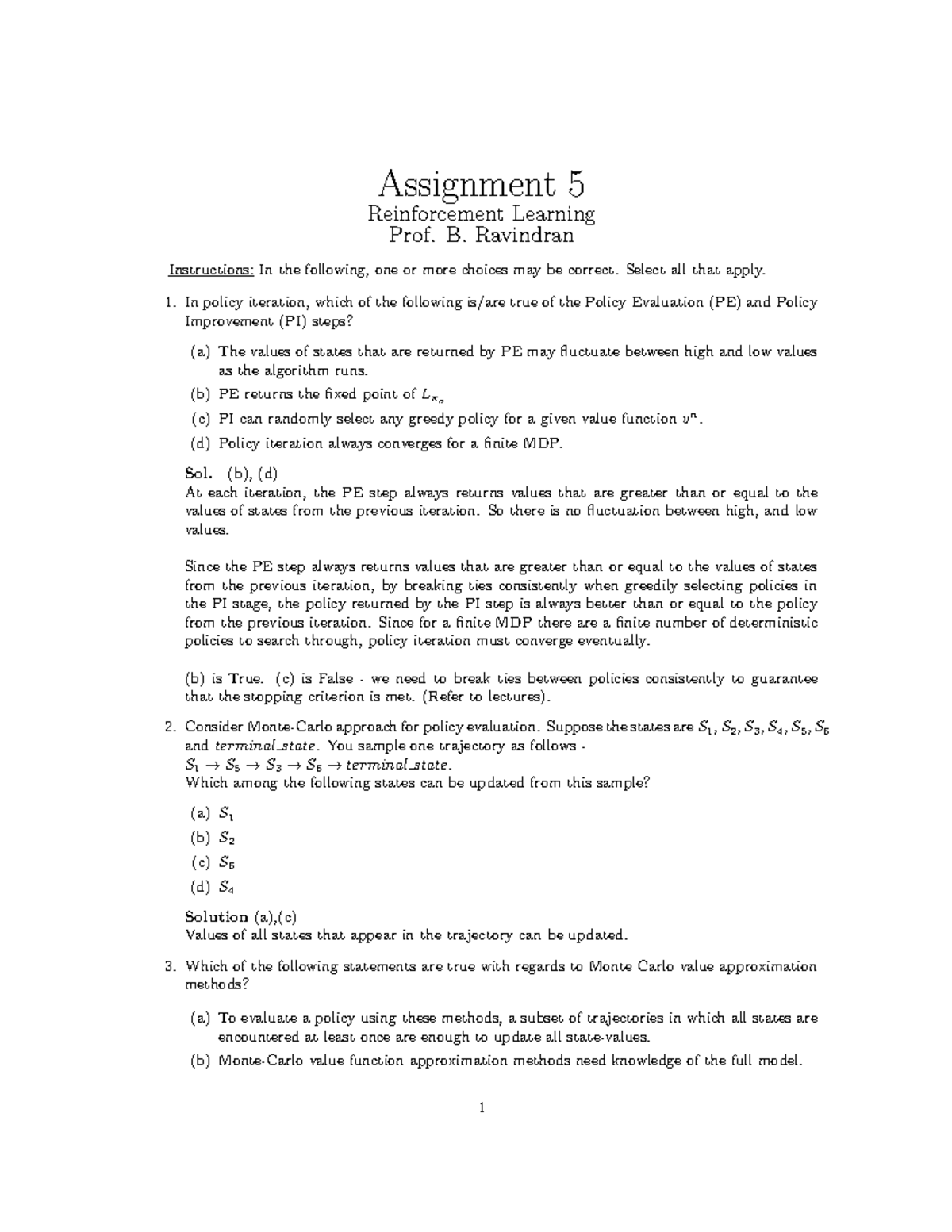 A5 Solution Of Assignment 5 Assignment 5 Reinforcement Learning Prof