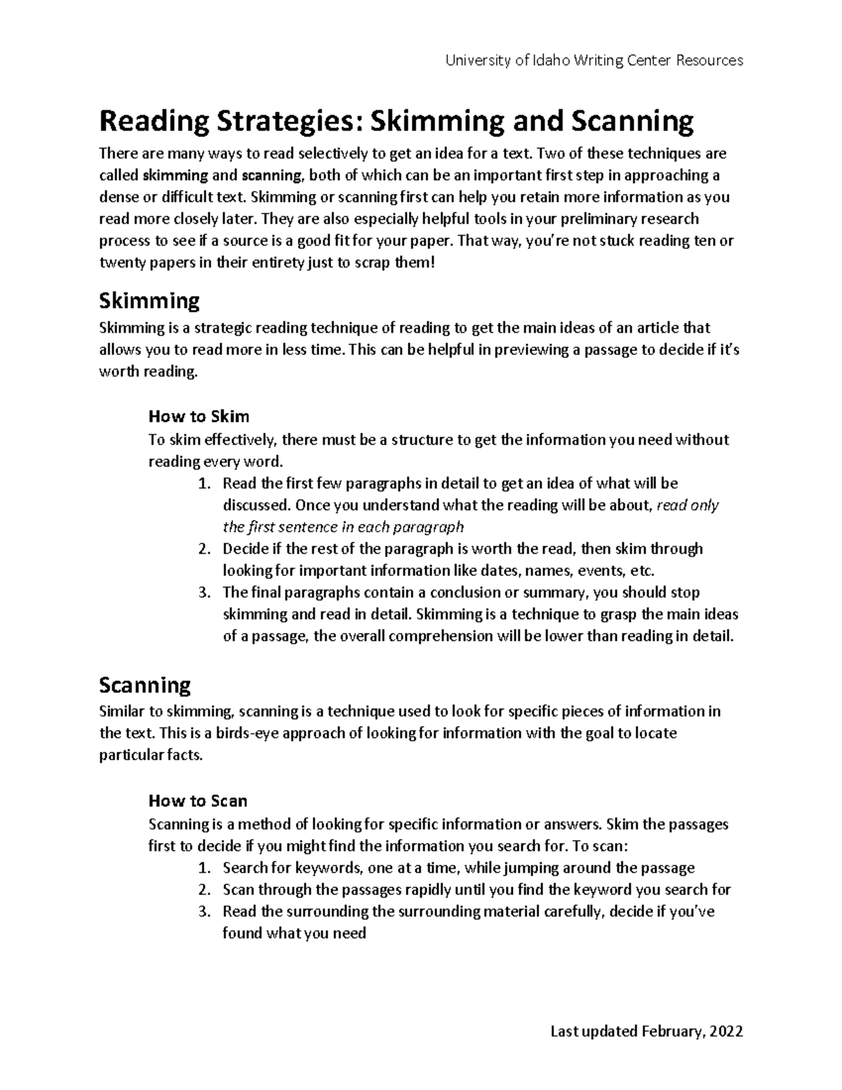 02-reading-strategies skimming-and-scanning - University of Idaho ...