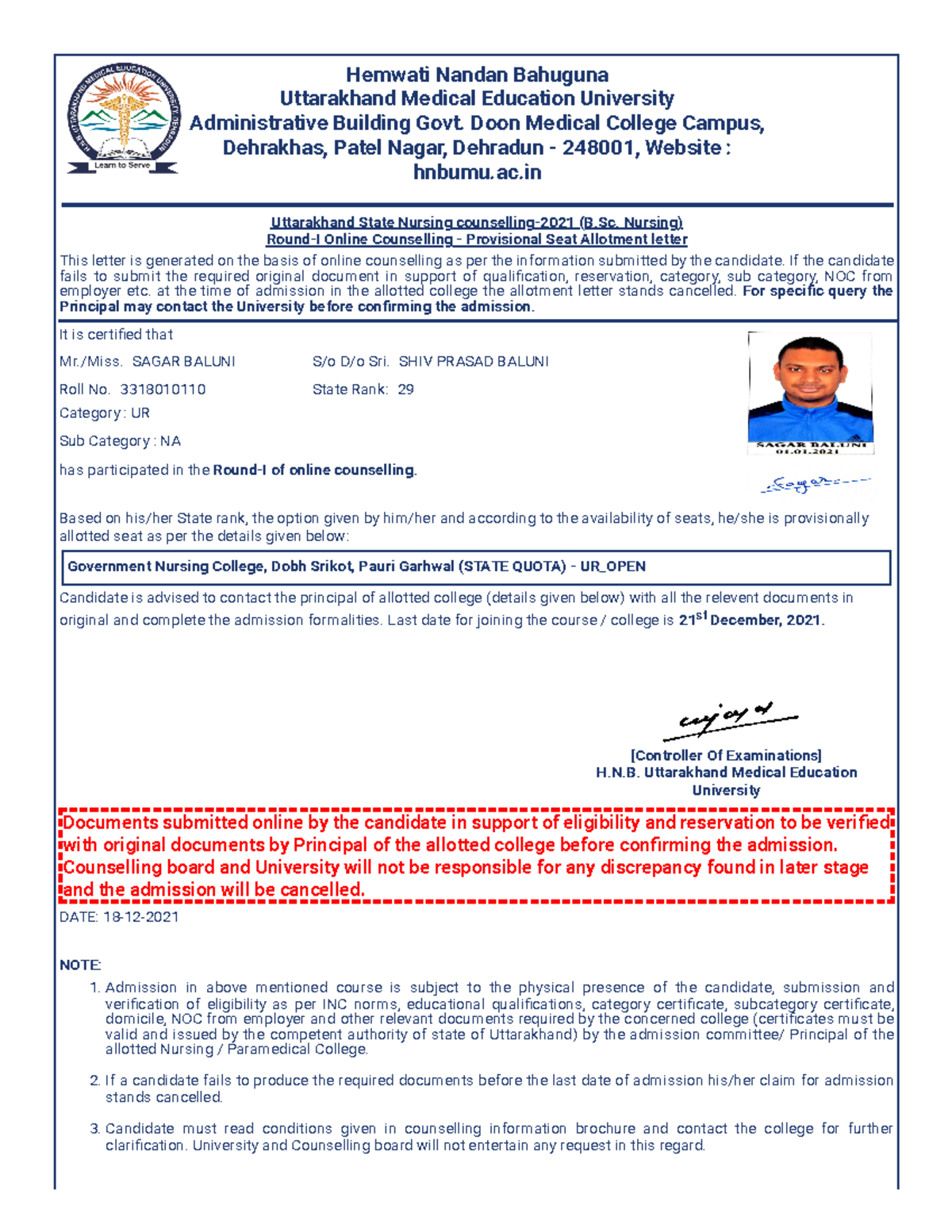 Allotment letter for mbbs batch 2 hajsb - Hemwati Nandan Bahuguna ...
