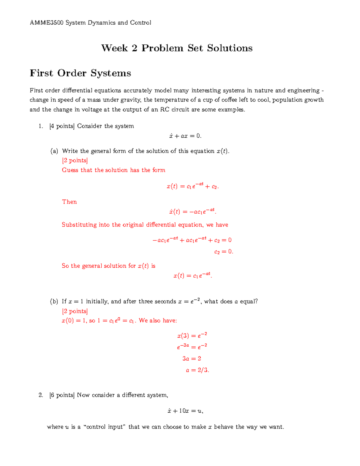 Pset2 solutions - Week 2 - AMME3500 System Dynamics and Control Week 2 Problem Set Solutions ...