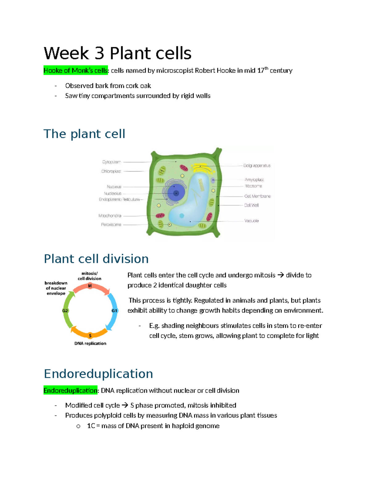 Week 3 Plant cells - lecture notes - Week 3 Plant cells Hooke of Monk’s ...