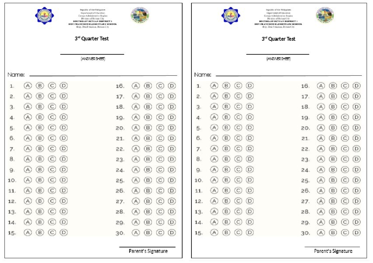 Answer Sheet - Elementary Education - 3 rd Quarter Test 3 rd Quarter ...