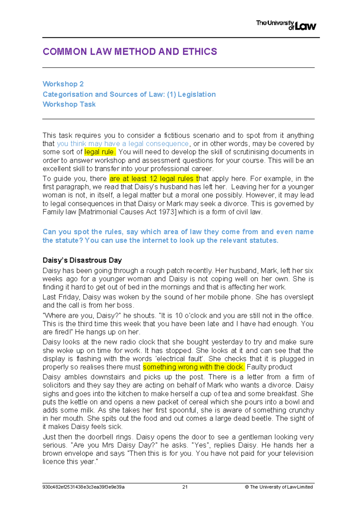 CML ws 2 - ws notes - COMMON LAW METHOD AND ETHICS Workshop 2 ...
