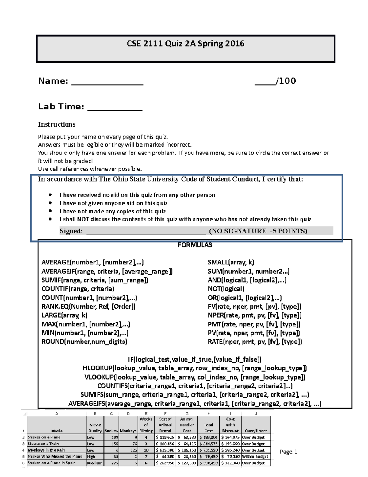 Quiz 2A Spring 2016 - Quiz 2A for the course CSE 2111. Does not have ...