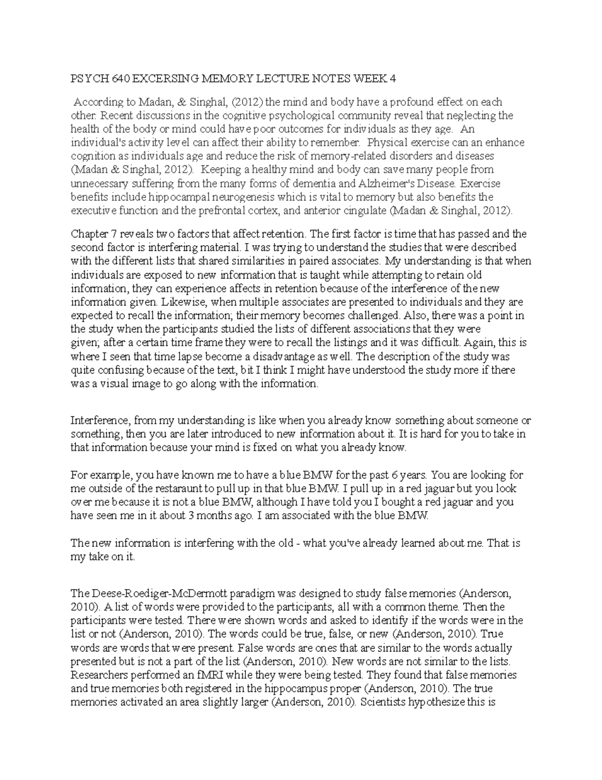 Psych 640 Excersing Memory Lecture Notes WEEK 4 - PSYCH 640 EXCERSING ...