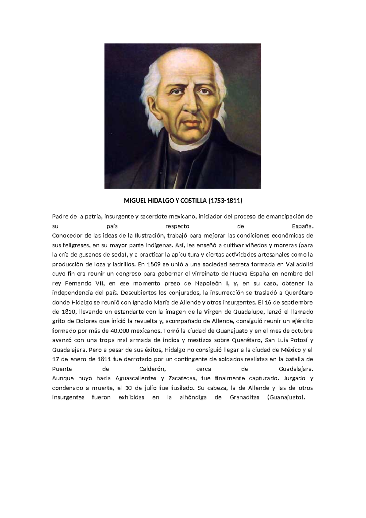 Biografias - MIGUEL HIDALGO Y COSTILLA (1753-1811) Padre de la patria ...