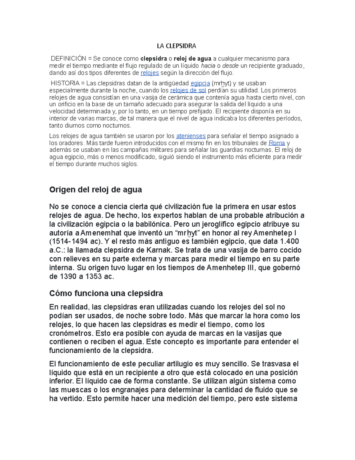 LA Clepsidra - bhh - LA CLEPSIDRA DEFINICIÓN = Se conoce como clepsidra ...