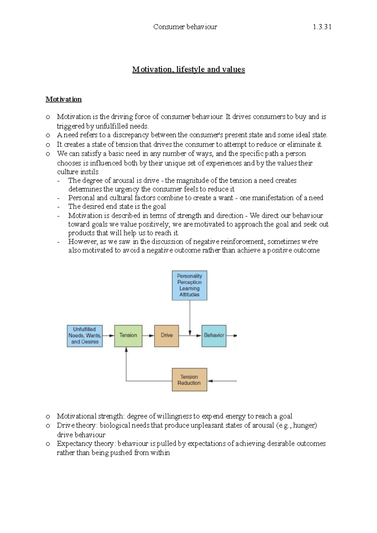 Motivation notes - Motivation, lifestyle and values Motivation o ...