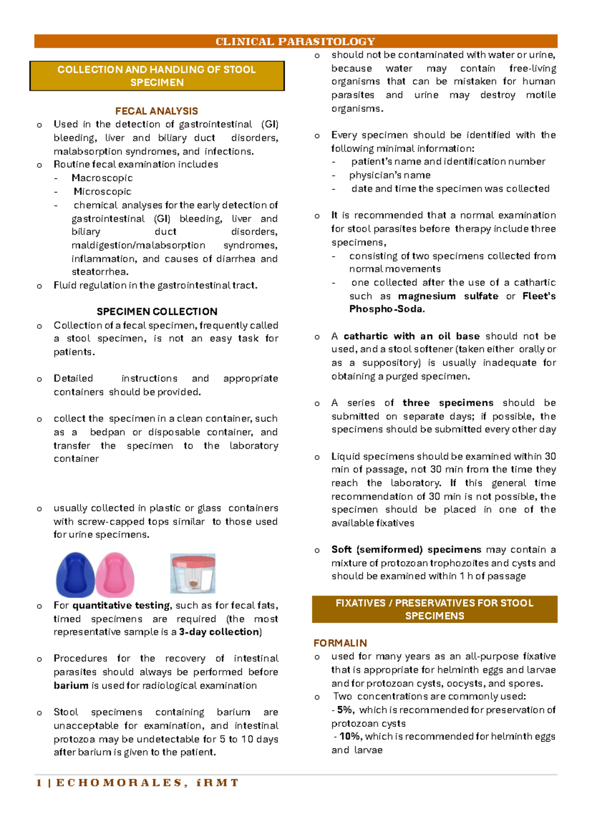 Collection AND Handling OF Stool Specimen PARA LAB WEEK 2 - COLLECTION ...