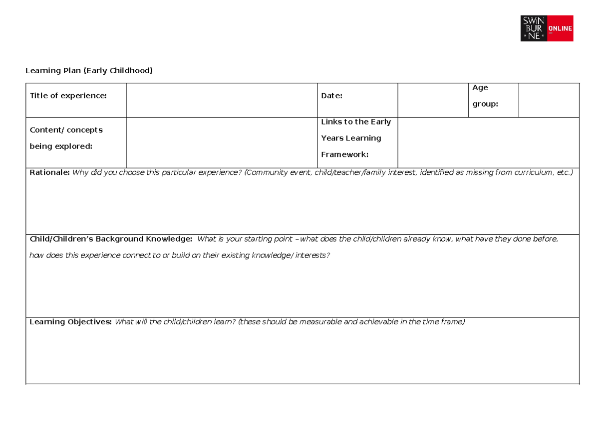EDU30003 Swinburne Online learning plan template (1) - Learning Plan ...