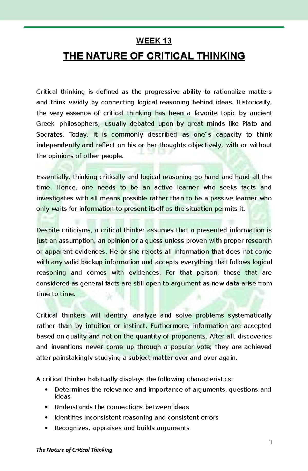 Finals CRWT Reviewer - WEEK 13 THE NATURE OF CRITICAL THINKING Critical ...