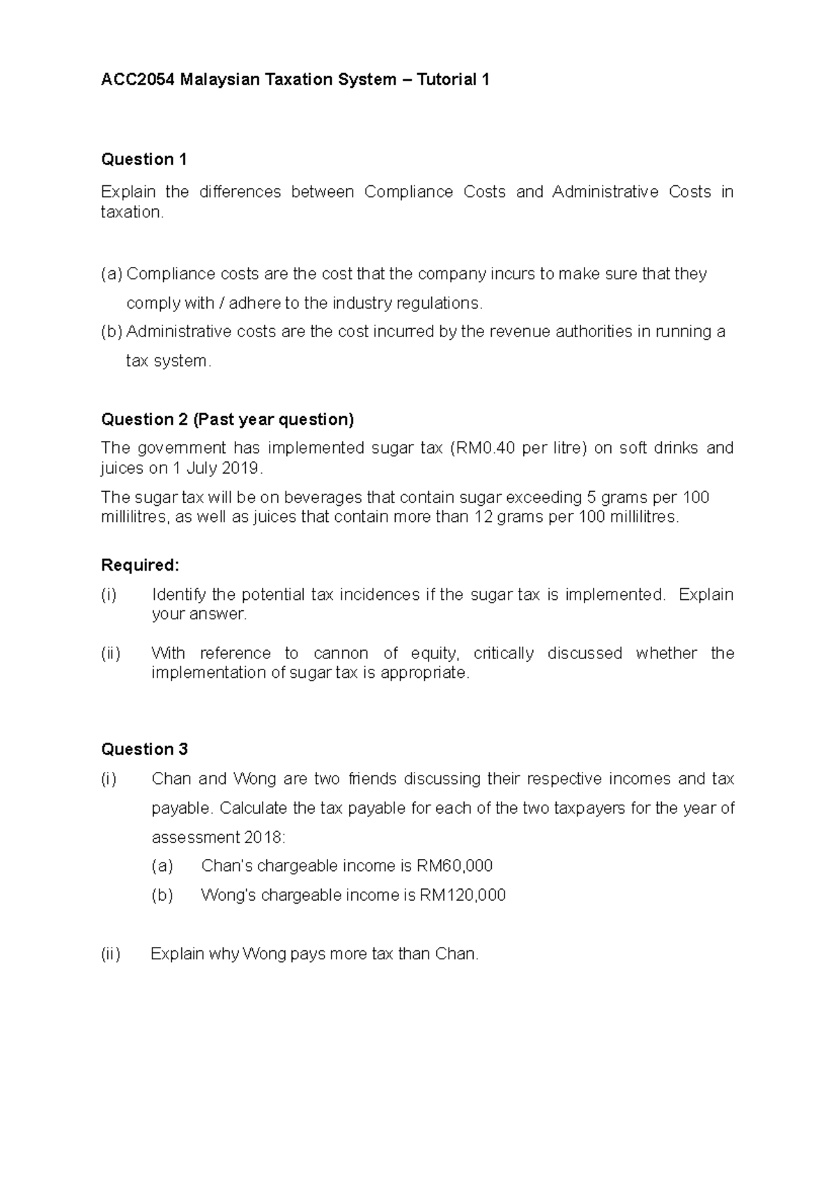 ACC2054 MTS Tutorial 1 Q - ACC2054 Malaysian Taxation System – Tutorial ...